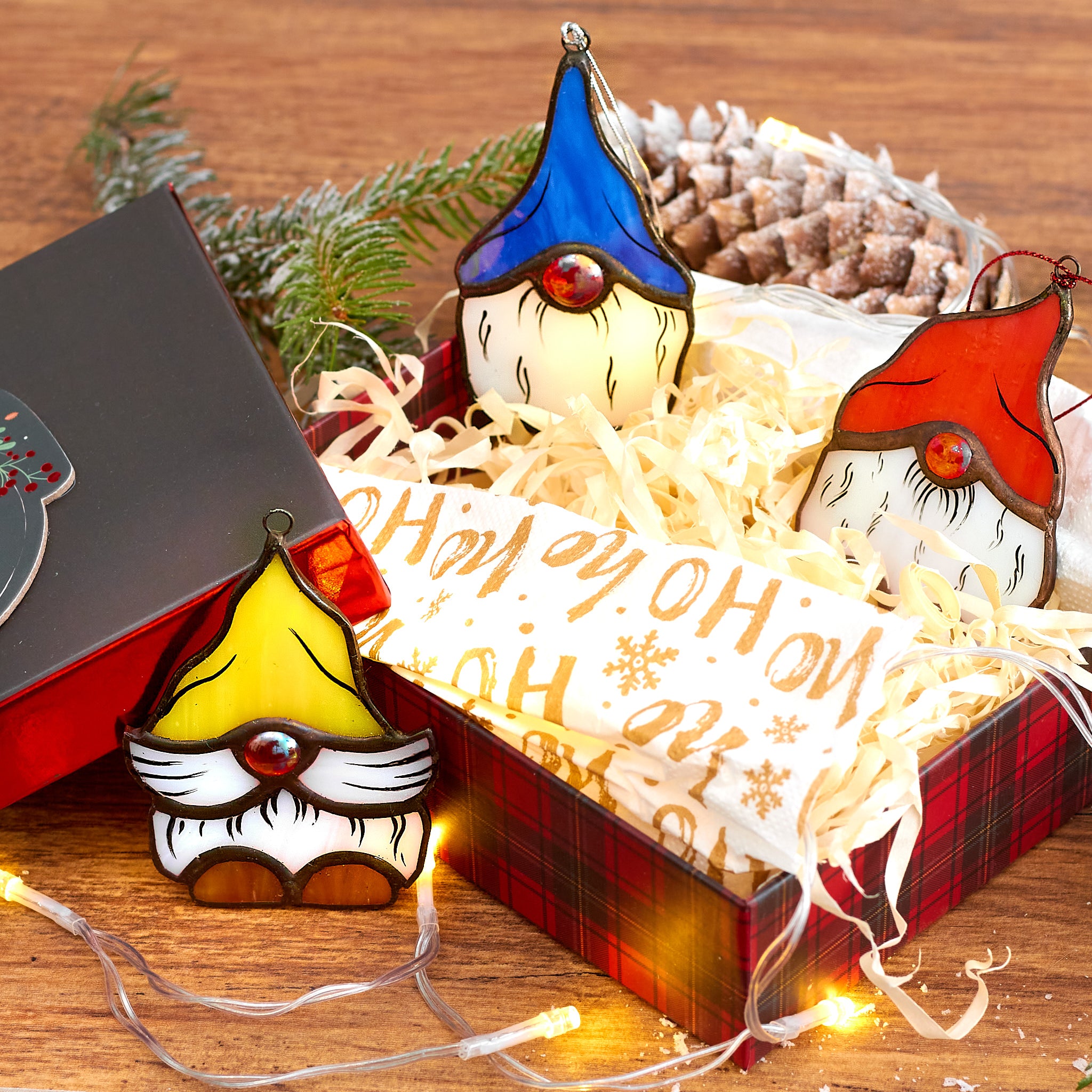 Ready-to-Gift Holiday Box: Set of 3 Gnome Stained Glass Christmas Orna ...